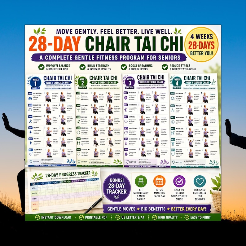 Chair Tai Chi Workout for Seniors Printable Poster Bundle 28 Day ...