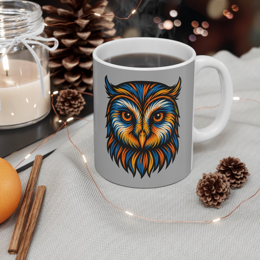 Vibrant Grey Barn Owl Mug - Colorful Bird Art Coffee Cup - Etsy