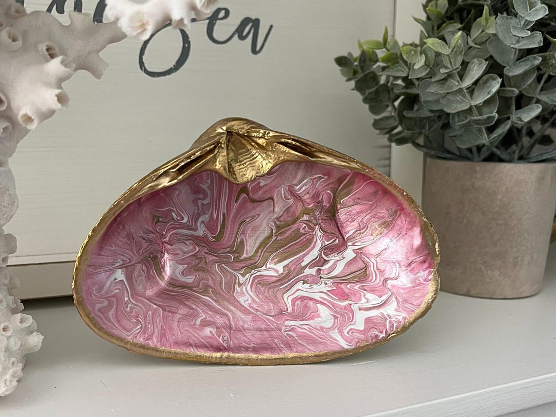 Pink Clam Shell Jewelry Dish, Ring Holder Hand Painted Coastal Ocean ...
