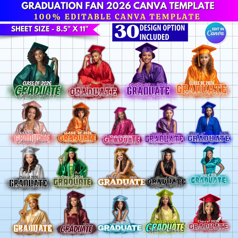 30x Graduation Fan 2026 Canva Editable Templates | Grad Paddle Template ...
