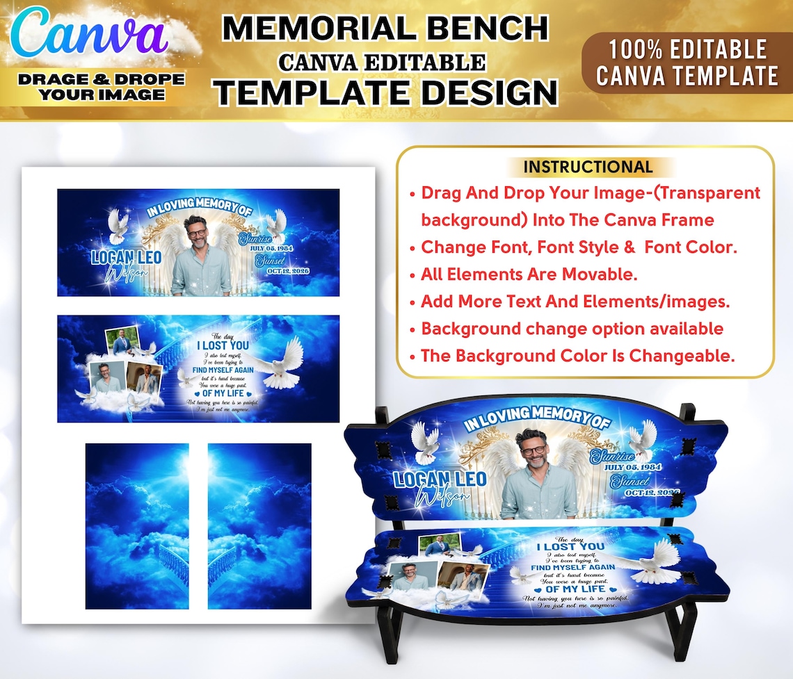In Loving Memory Bench Templates | Blue Theme Canva Editable Designs ...