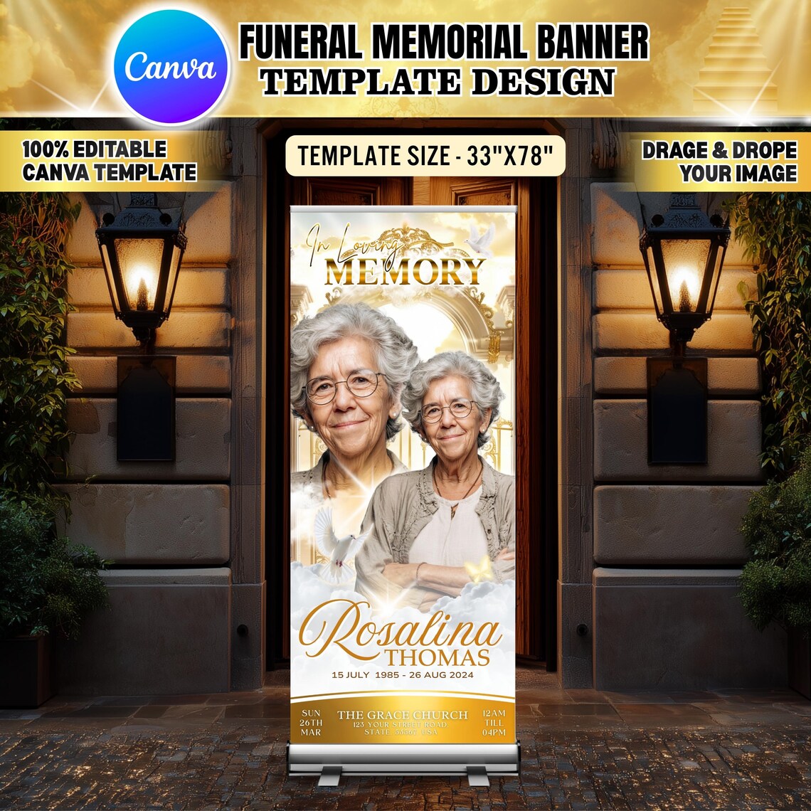 Funeral Welcome Sign Template | Brown & Gold Memorial Banner | 33X78 ...
