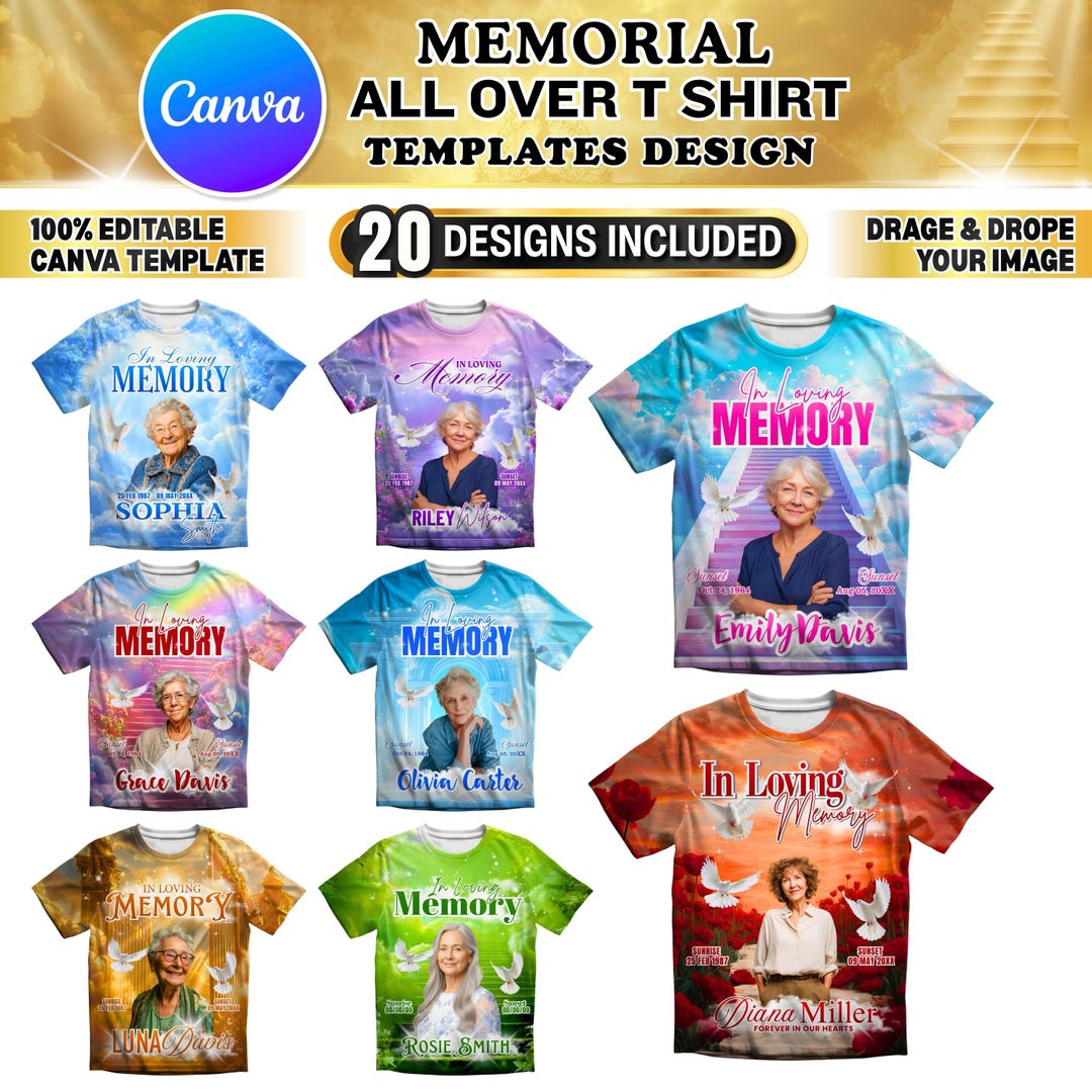 20x in Loving Memory All Over T-shirt Templates | Canva Editable ...