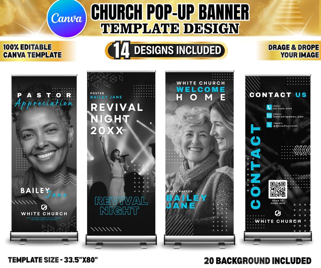 14x Church Retractable Banner Canva Template | Black and White Church ...