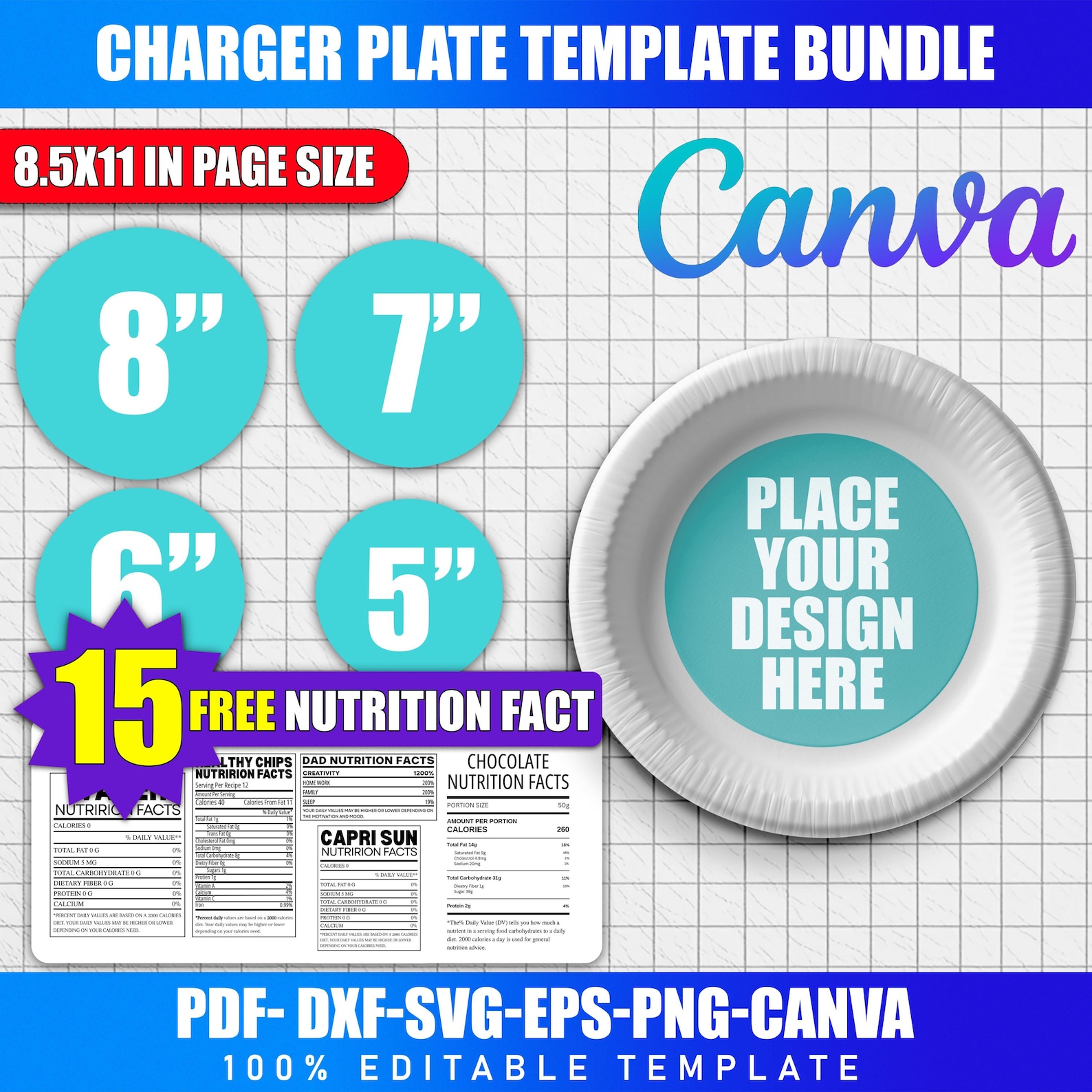 4x Editable Charger Plate Template Bundle | Paper Plate Circle Insert ...