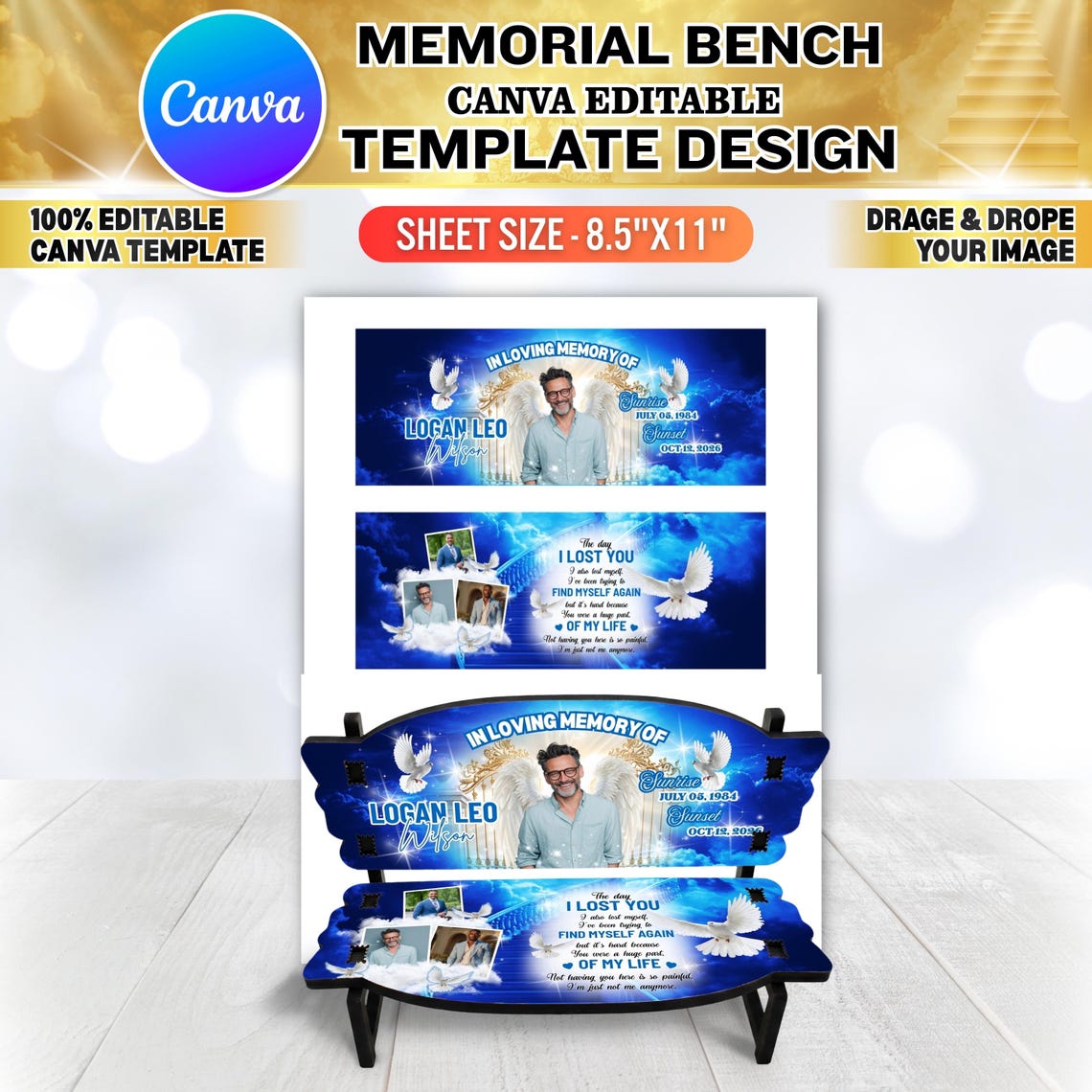 In Loving Memory Bench Templates | Blue Theme Canva Editable Designs ...