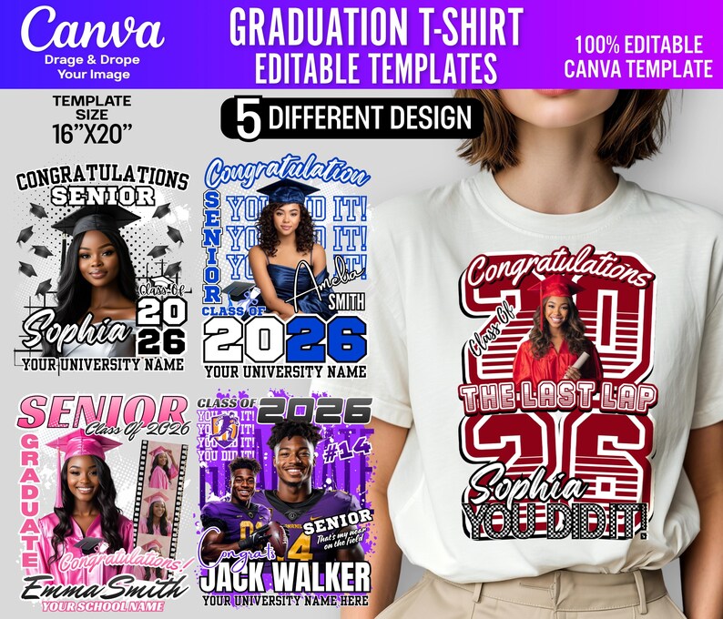 5x Graduation T-shirt Template Bundle | Canva Editable Senior 2026 ...