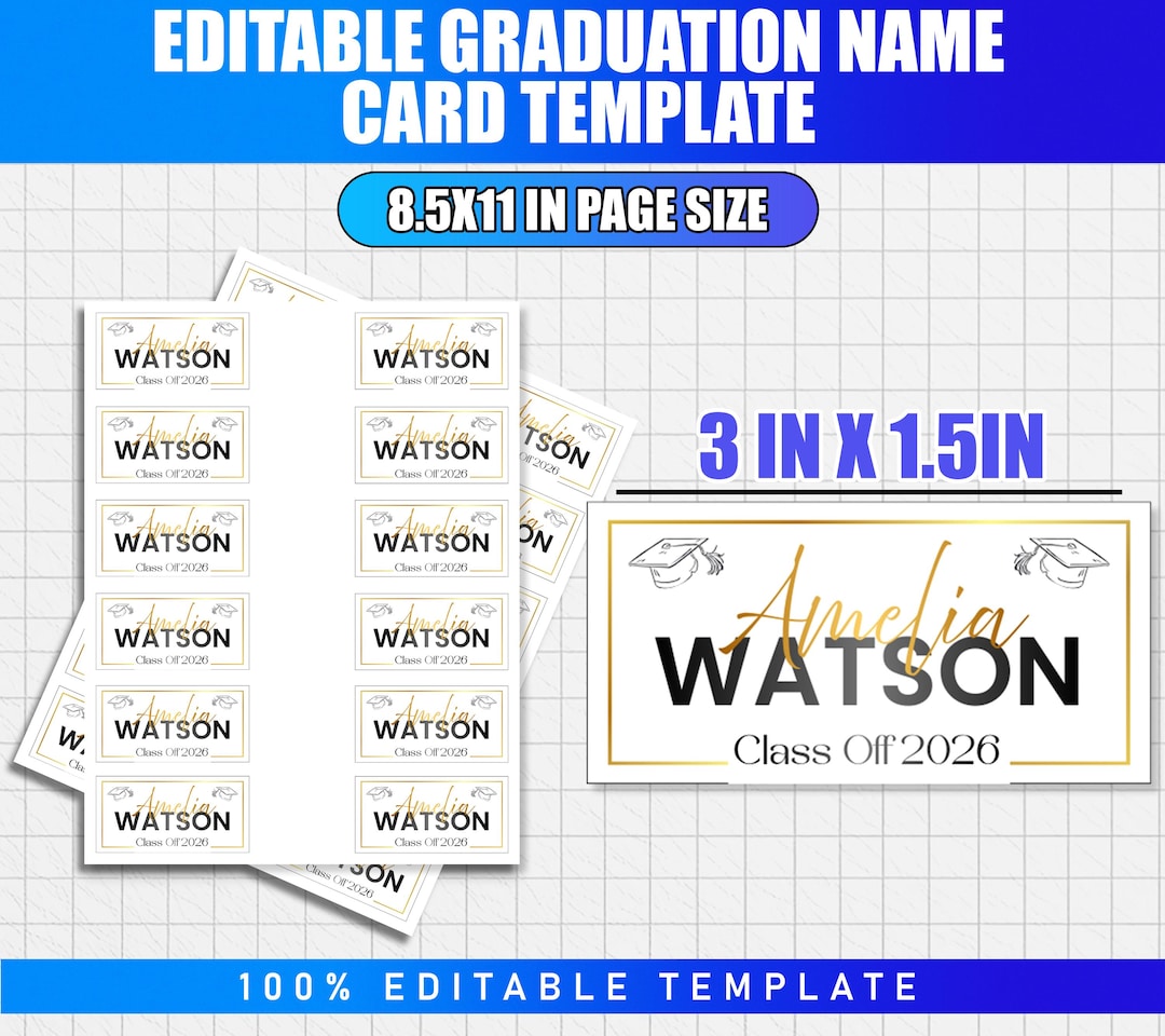 Editable Graduation Name Card Template | Printable Class of 2026 ...