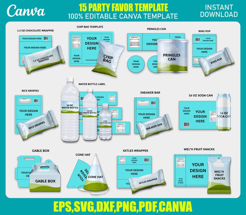 15x Party Favor Template Bundle | Chip Bag, Chocolate Bar, Pringles ...