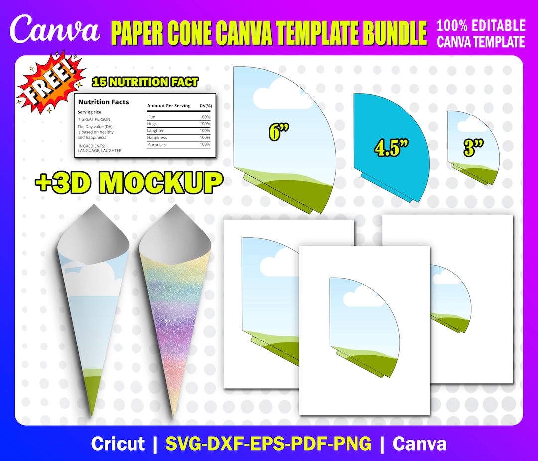 3x Paper Cone Template Bundle | Editable Canva Candy Cone Hat | 3", 4.5 ...