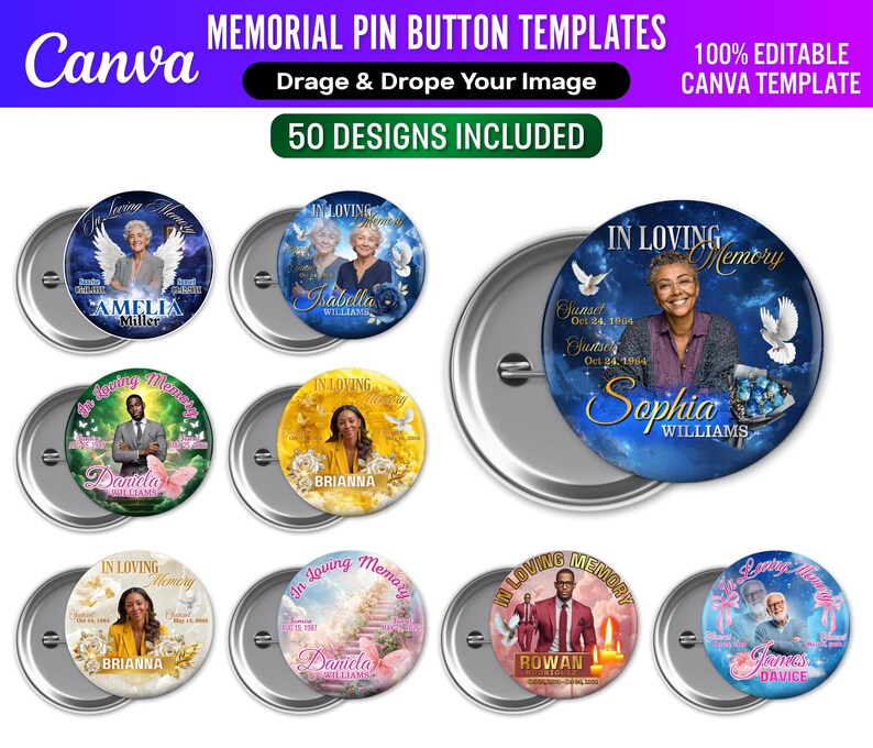 50x Long Live Pin Button Canva Editable Templates | Funeral Memorial ...