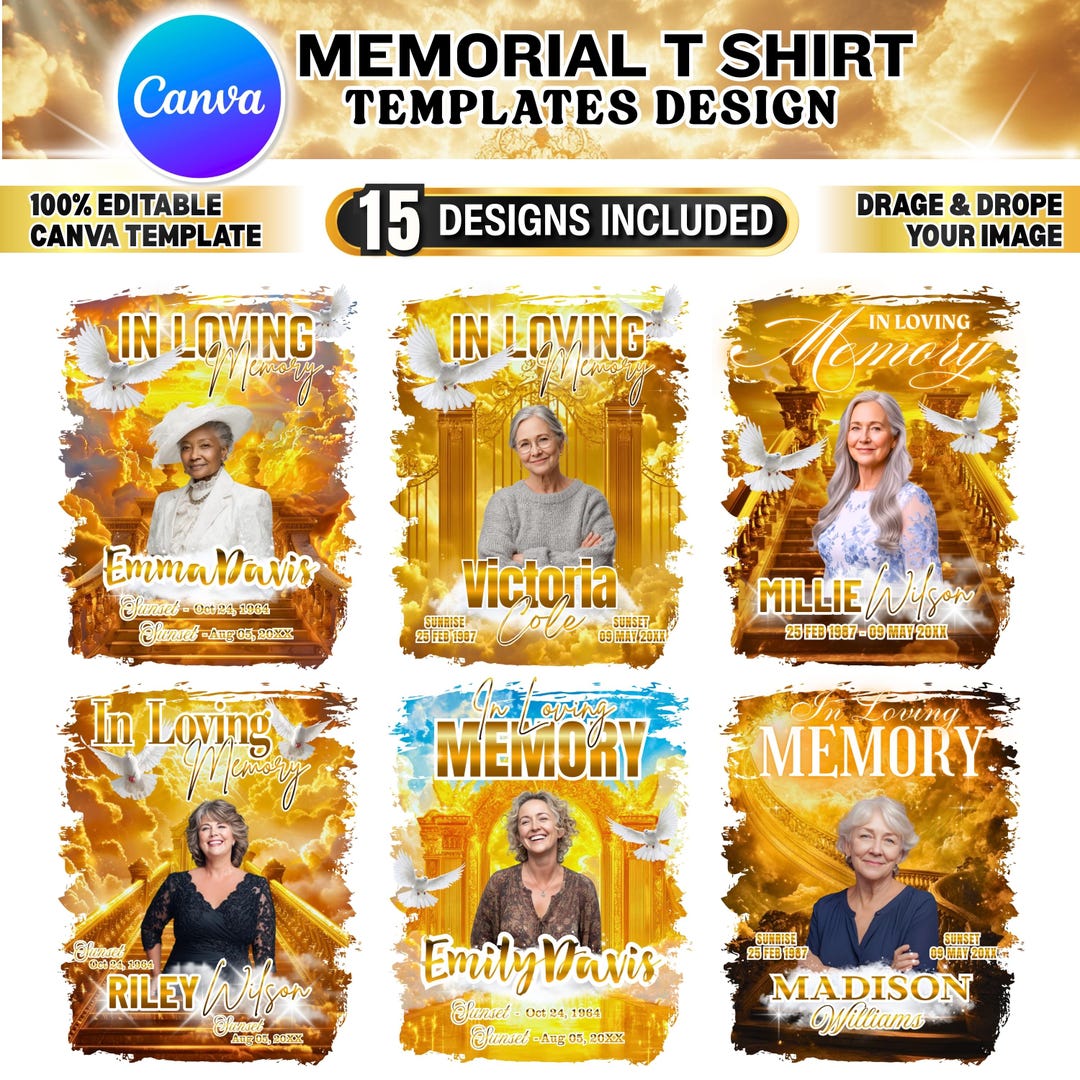 15x in Loving Memory Golden & Yellow T-shirt Templates, Canva Editable ...