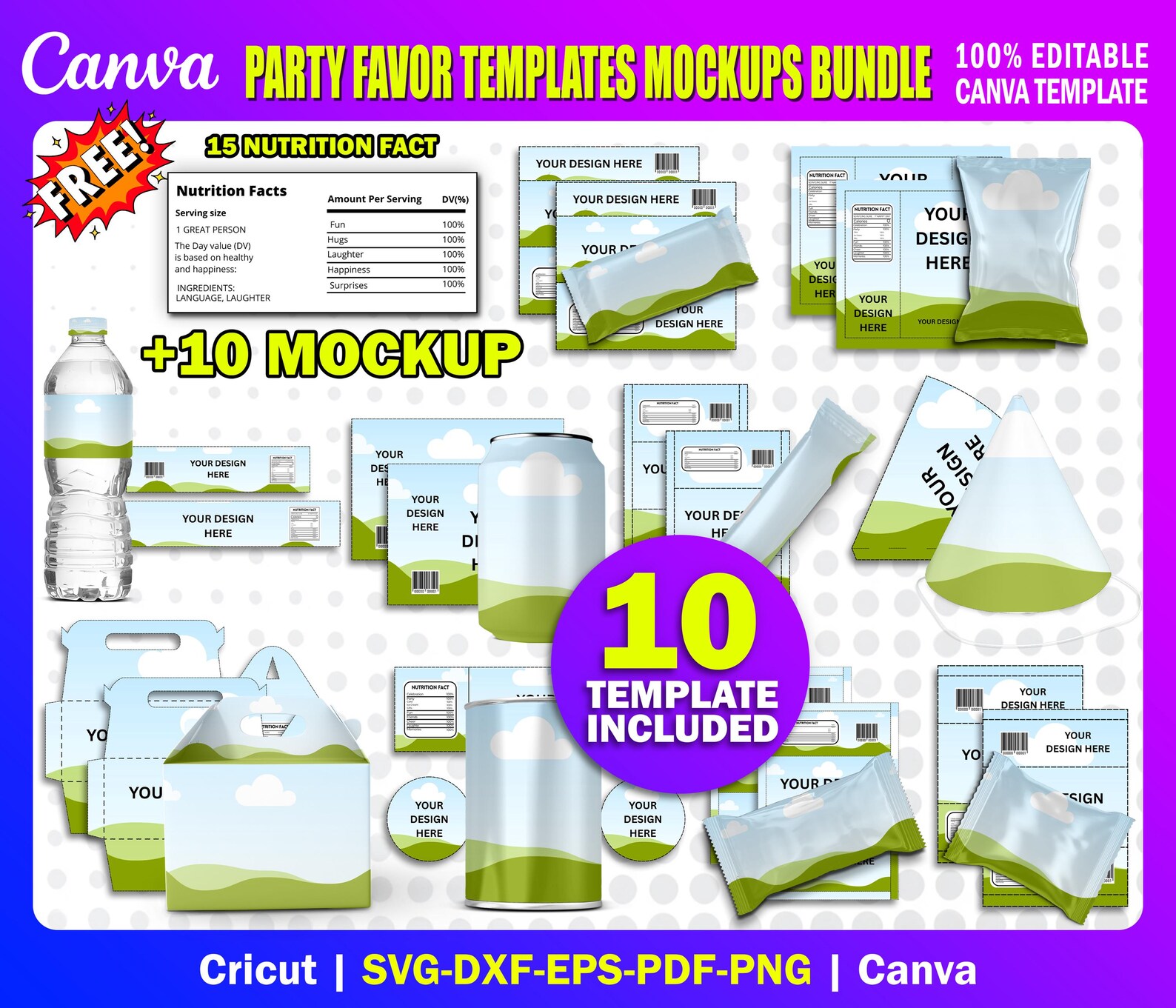 10x Party Favor Templates Mockups Bundle | Chip Bag, Water Bottle, and ...