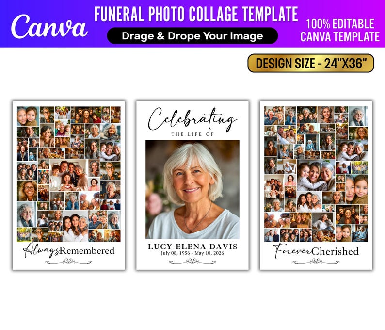 Set of 3 Funeral Photo Collage Templates | Memorial Picture Display ...