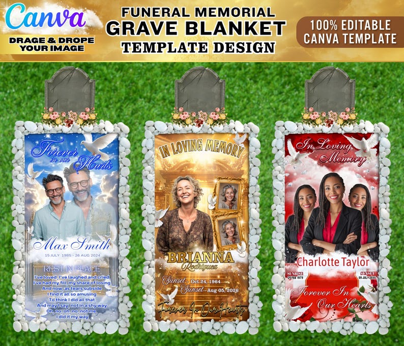 15x Memorial Grave Blanket Template Bundle | Canva Editable Adult Grave ...