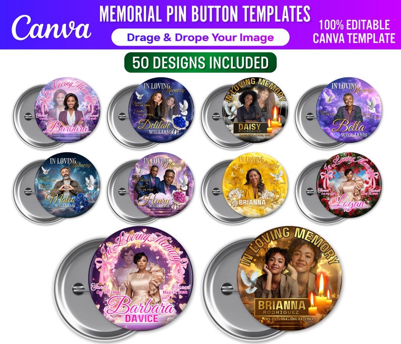 50x Long Live Pin Button Canva Editable Templates | Funeral Memorial ...