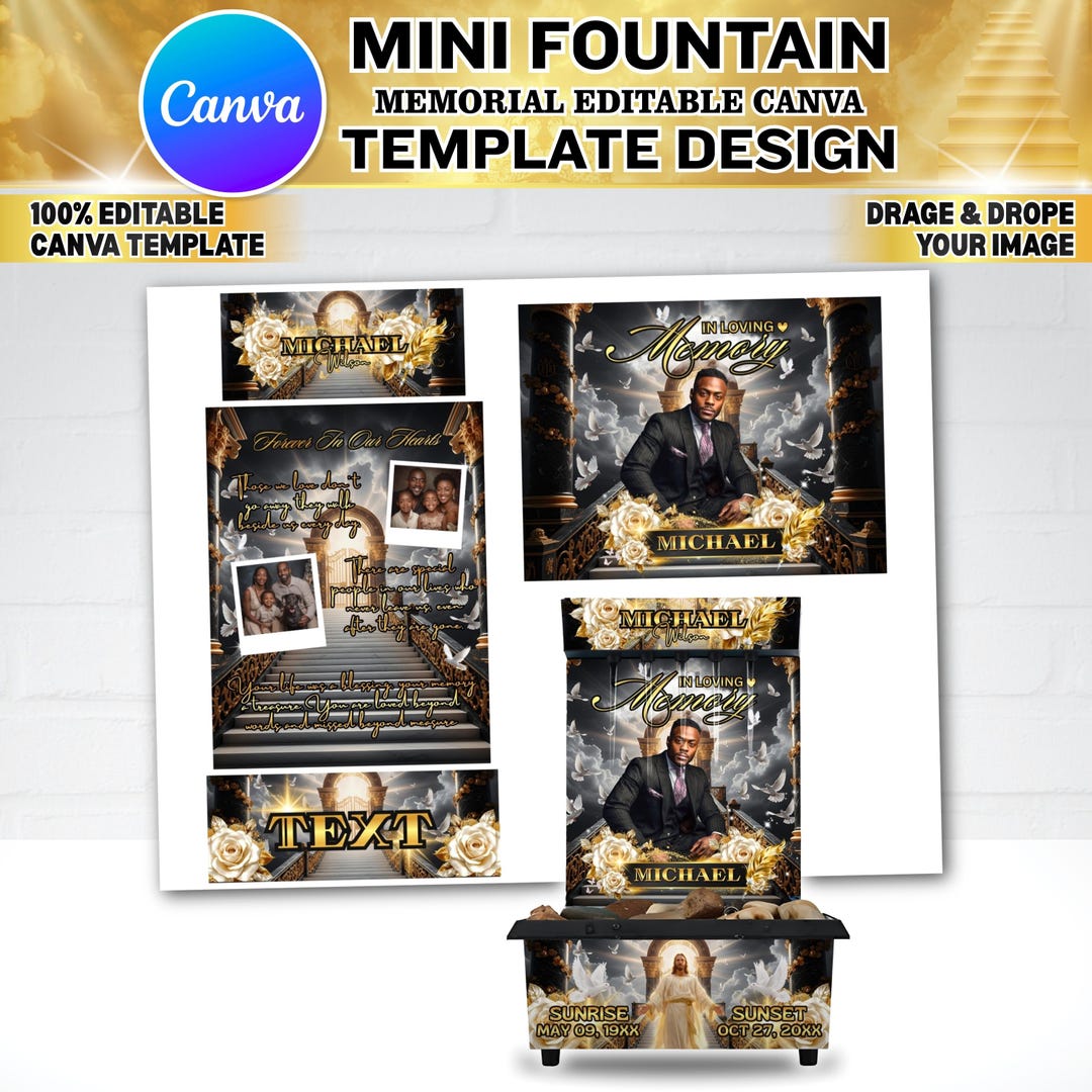 Memorial Mini Fountain Template | Gold & Black Floral Design Canva ...
