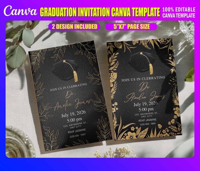 Editable Doctoral Graduation Invitation Canva Template | Phd Graduation ...