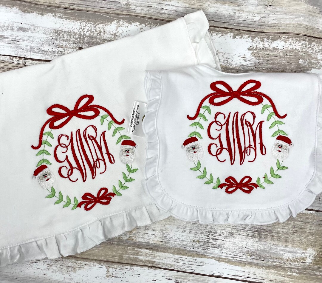 Christmas Monogrammed Ruffle Set Burp Cloth and Bib Personalized Santa ...