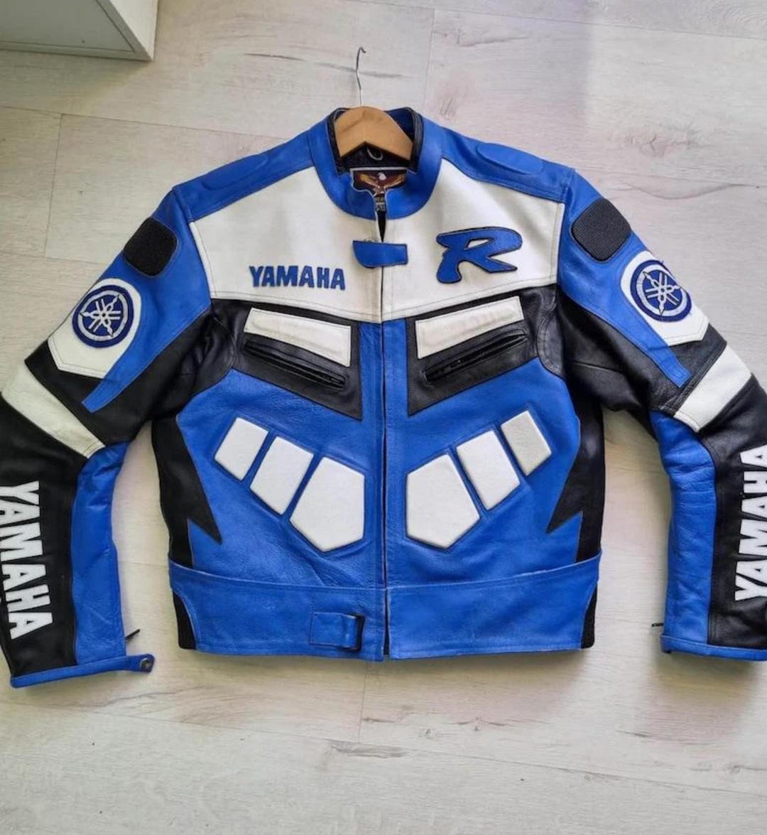 Yamaha R Racing Blue Motorcycle Jacket, Genuine Cowhide Leather Coat ...