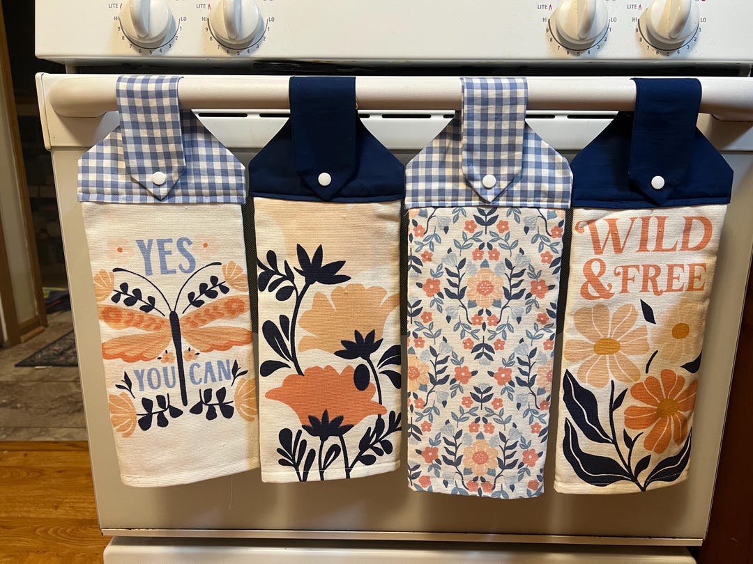 Pink and Navy Dragonfly and Flowers Hanging Kitchen Towels With Snaps ...