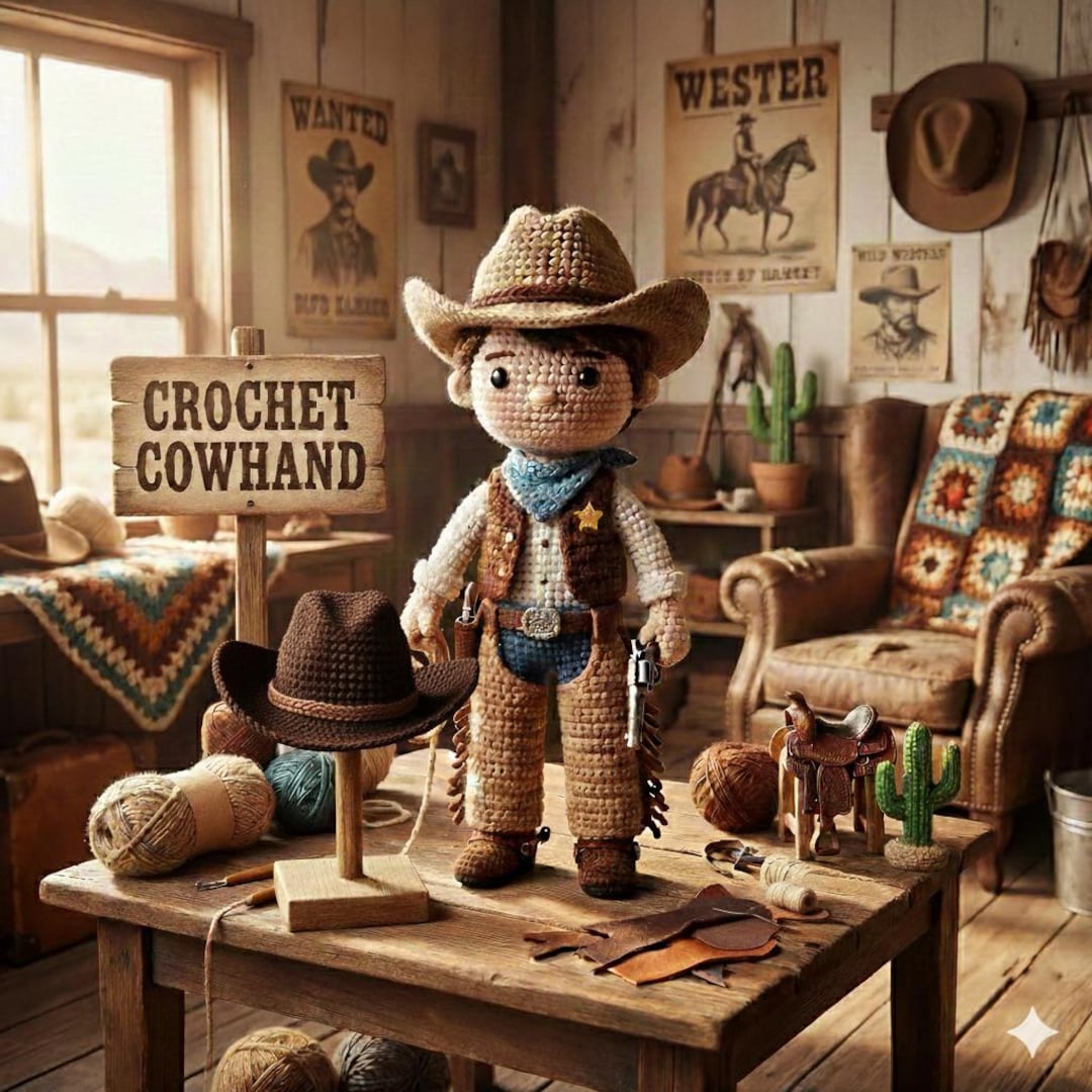 Crochet Cowboy Doll, Western Amigurumi Toy, Handmade Cowhand Figure ...