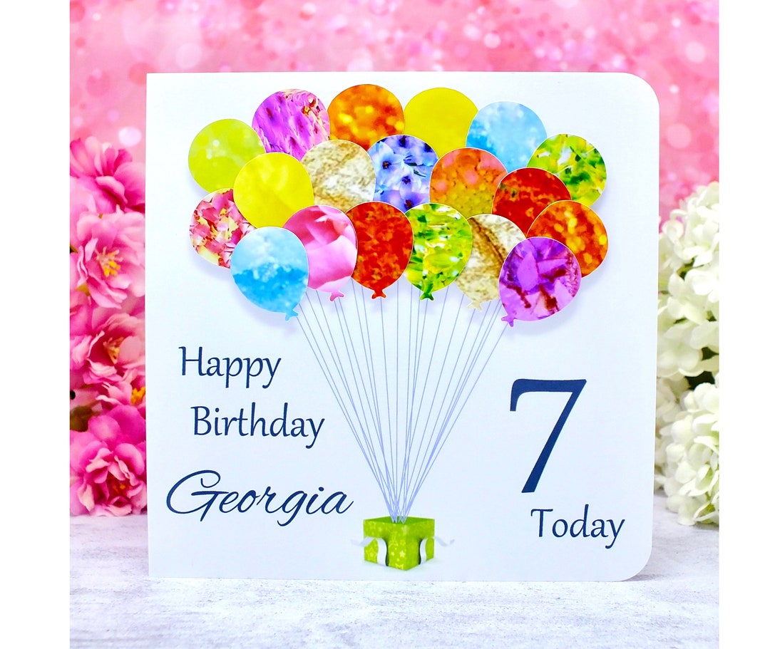 7th Birthday Card Personalised Age 7 Birthday Balloons Card Handmade ...