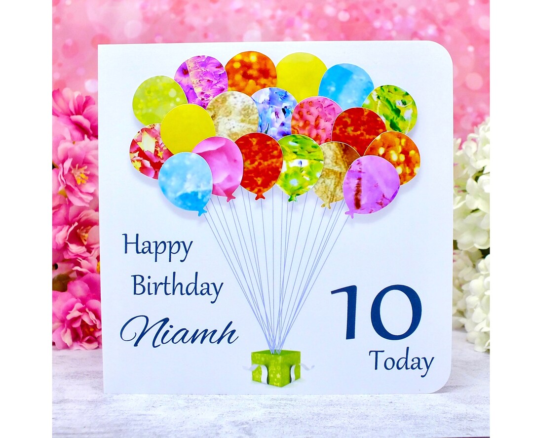 10th Birthday Card Personalised Age 10 Birthday Balloons Card Handmade ...