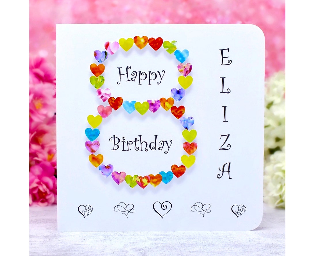 8th Birthday Card, Personalised Colourful Handmade Age 8 Birthday Card ...