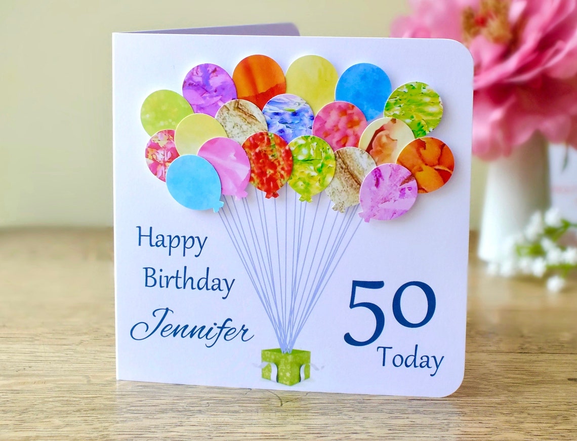 50th Birthday Card Personalised Age 50 Birthday Balloons | Etsy