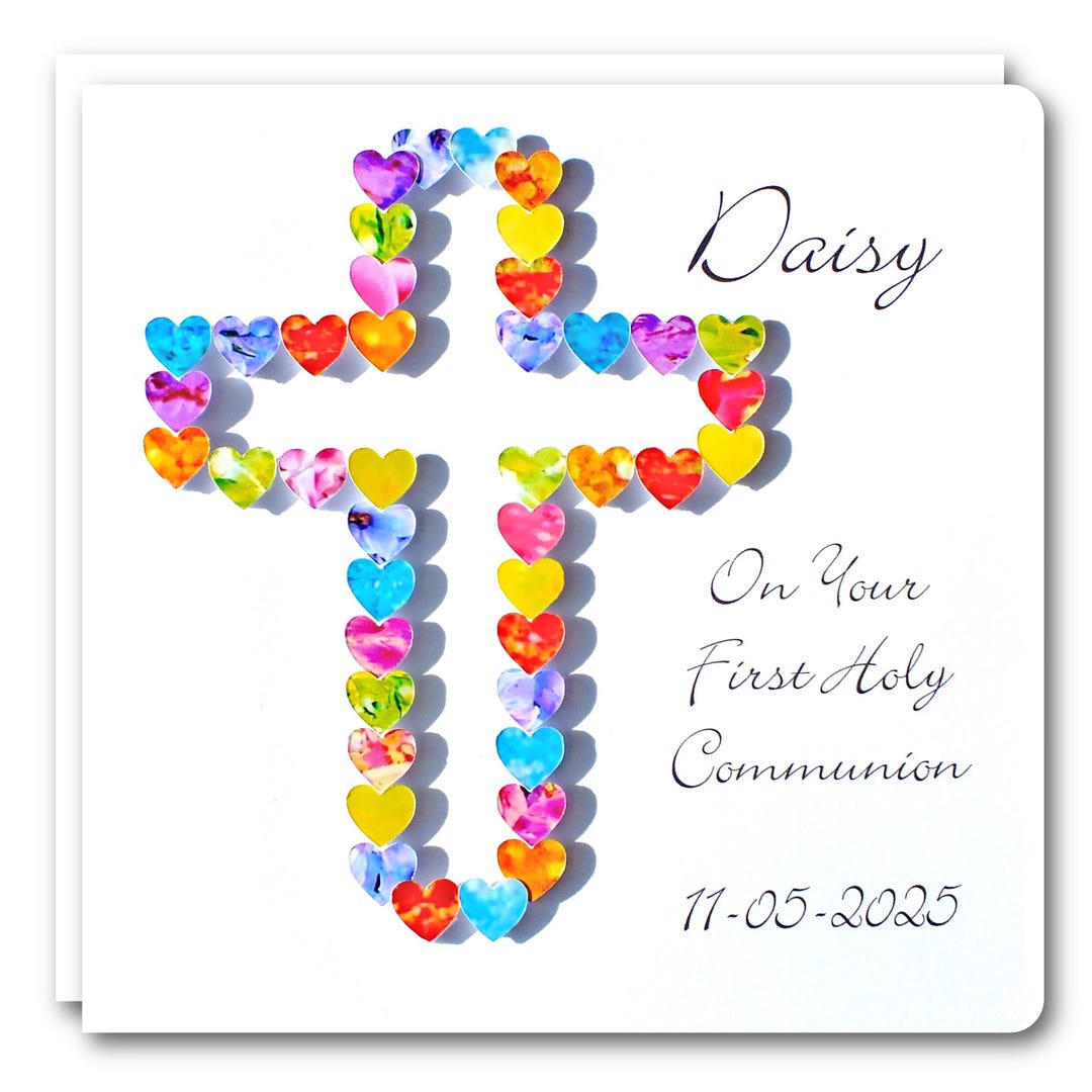 First Holy Communion Card, Handmade & Personalised Name Date, Rainbow ...