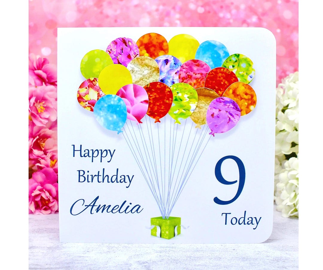 9th Birthday Card - Personalised Age 9 Birthday Balloons Card ...