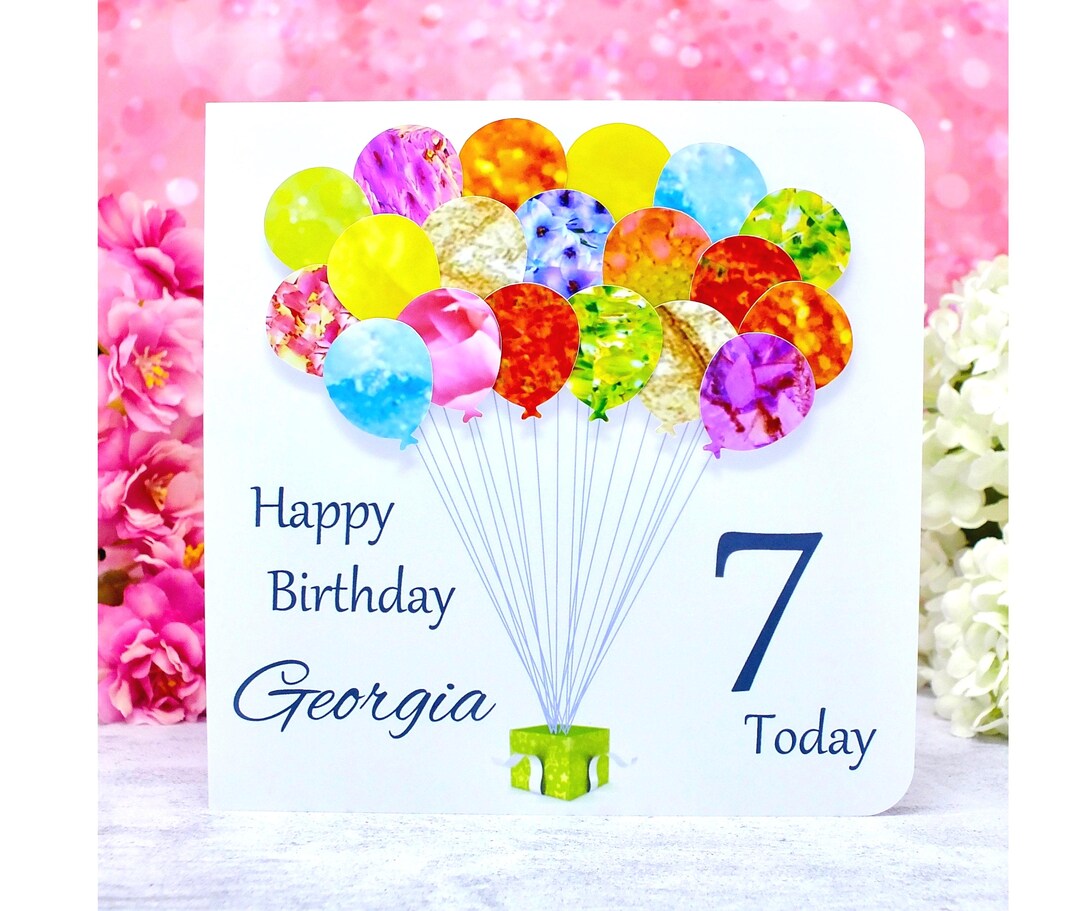 7th Birthday Card - Personalised Age 7 Birthday Balloons Card ...