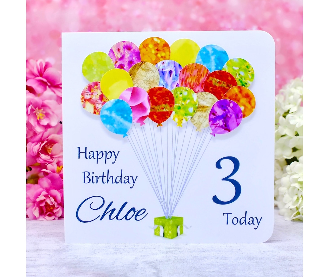 3rd Birthday Card Personalised Age 3 Birthday Balloons Card Handmade ...