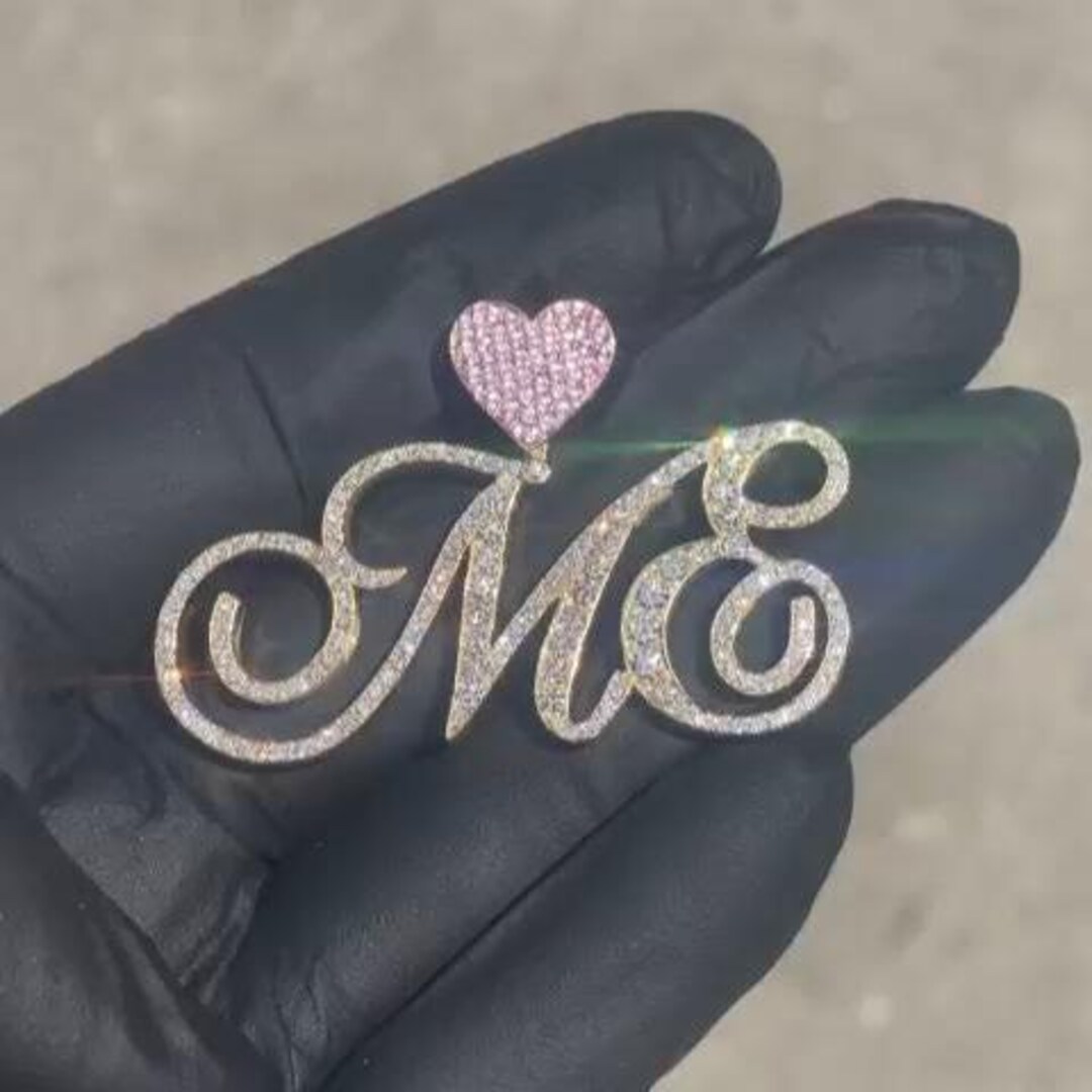Custom Letter Lab Diamond Cursive Font Name Charm Necklace 10K Solid ...