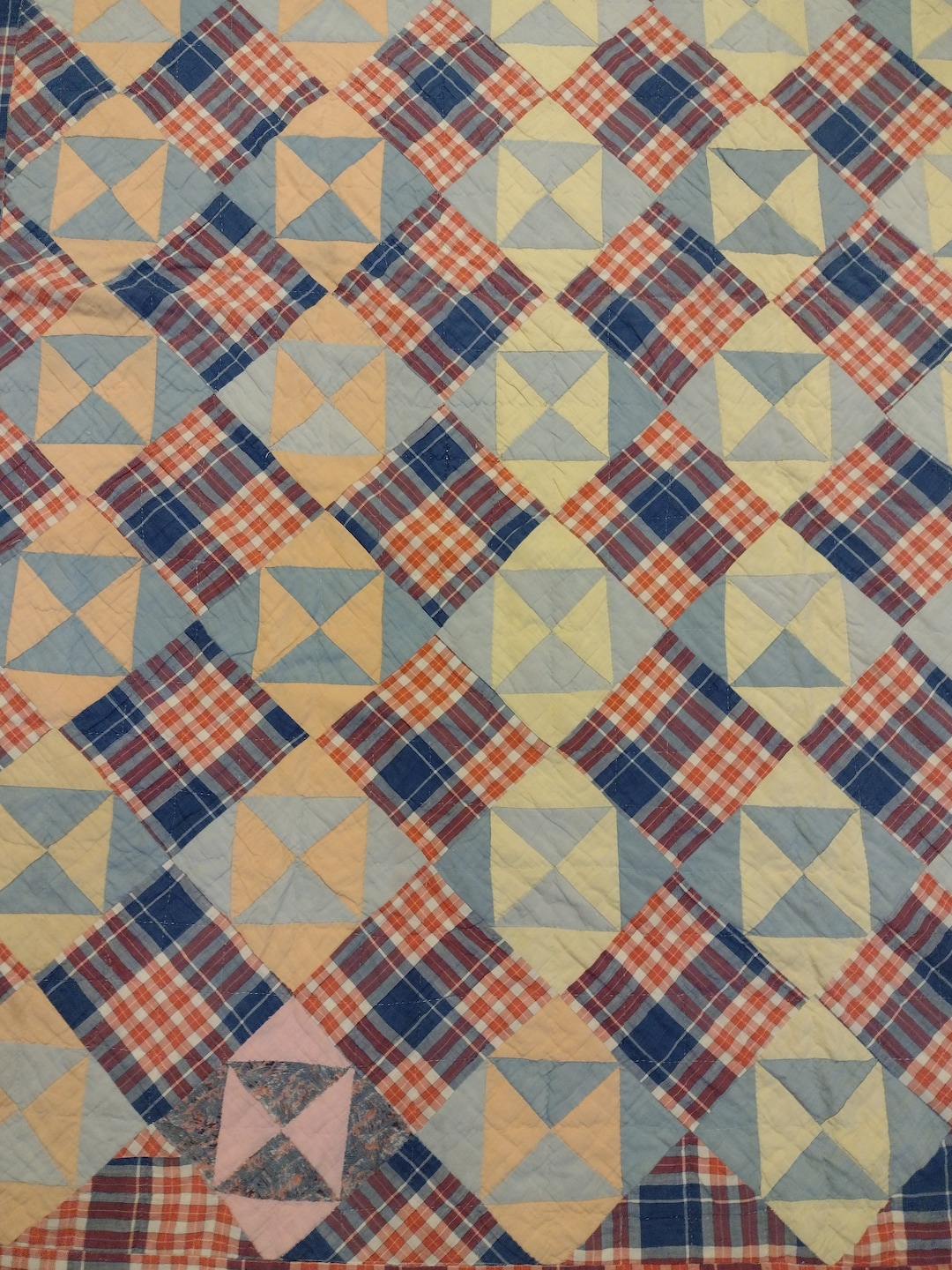 1920s Quilt Hour Glass 71" X 60.5" Blue Yellow & Orange 5" Blocks ...