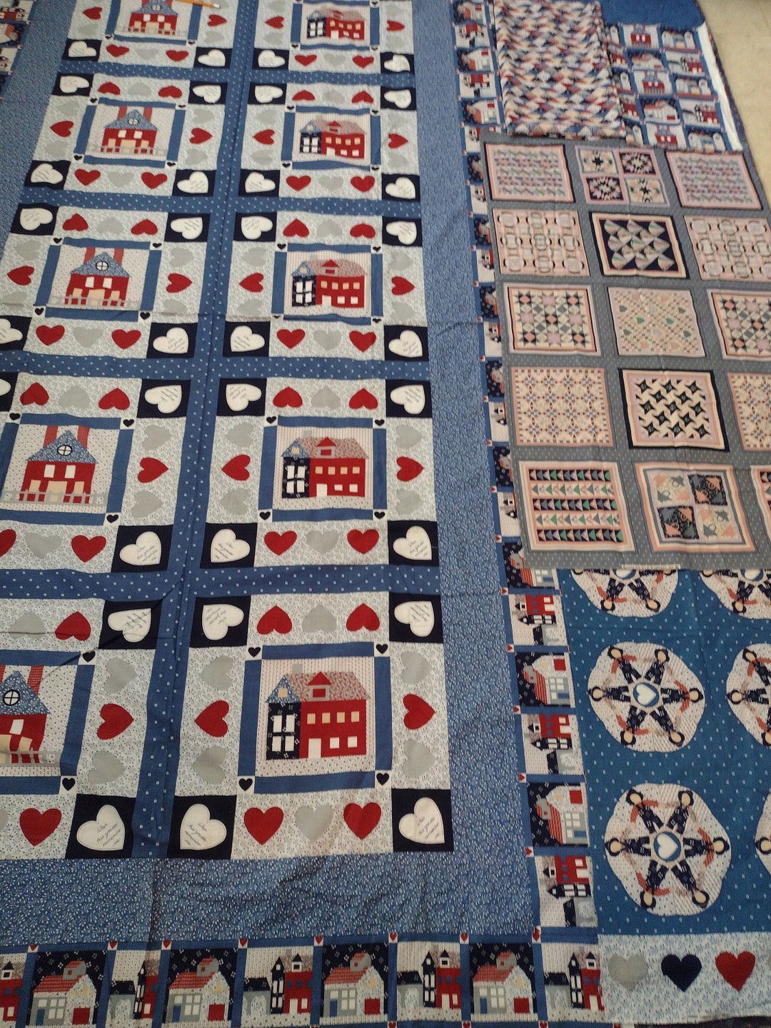Amish Cheater Quilt Top Homes & Hearts 94 X 52 Fabrics: Amish Homes 19 ...