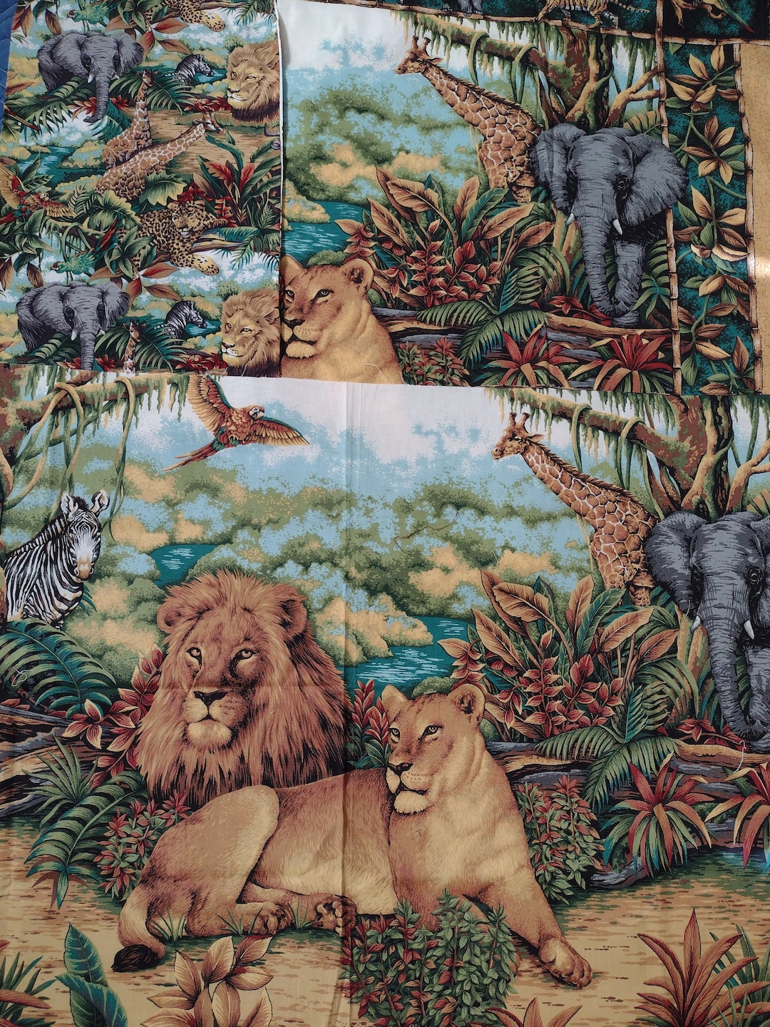Four Lion & Lioness Fabric Panels Springs 35 X 44" 1.39 Yd ...