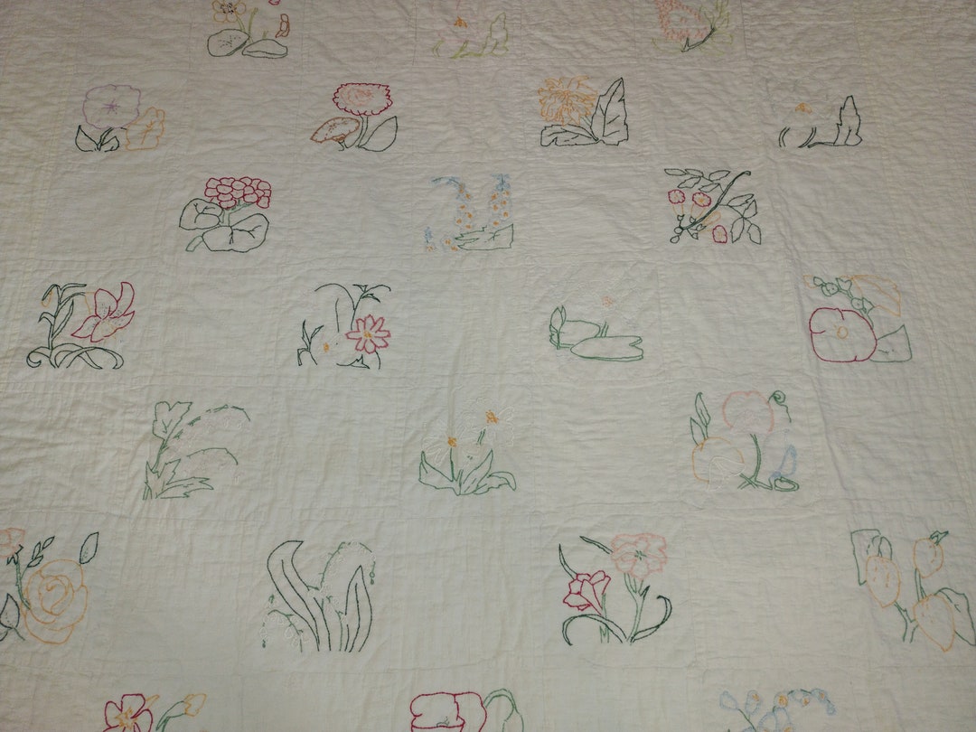 Vintage Floral Quilt of Ruby Short Mckim Designs 72" X 84" Hand Embroidered/quilted Machine ...