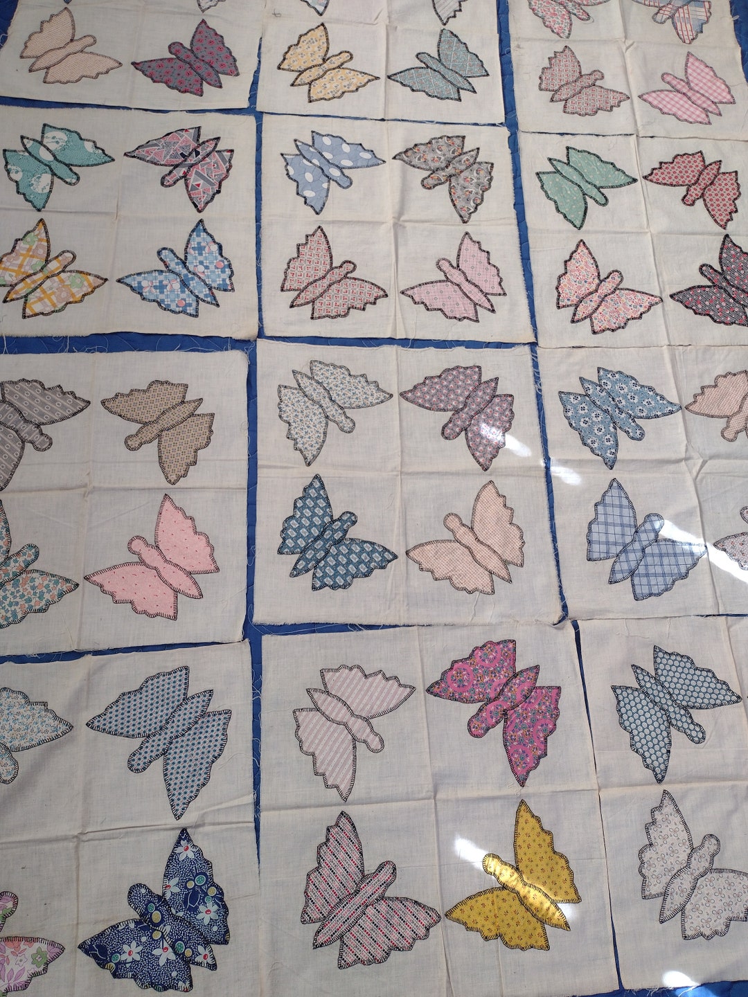 12 Butterfly Quilt Blocks 17.5-18" Square Hand Pieced and Blanket ...