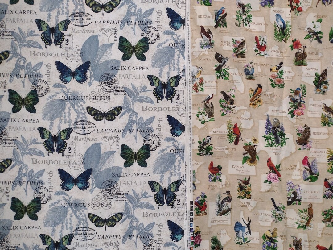 2 Postage Stamp Fabrics: Postal Butterflies 1.5 Yds. X 46 by Richloom ...