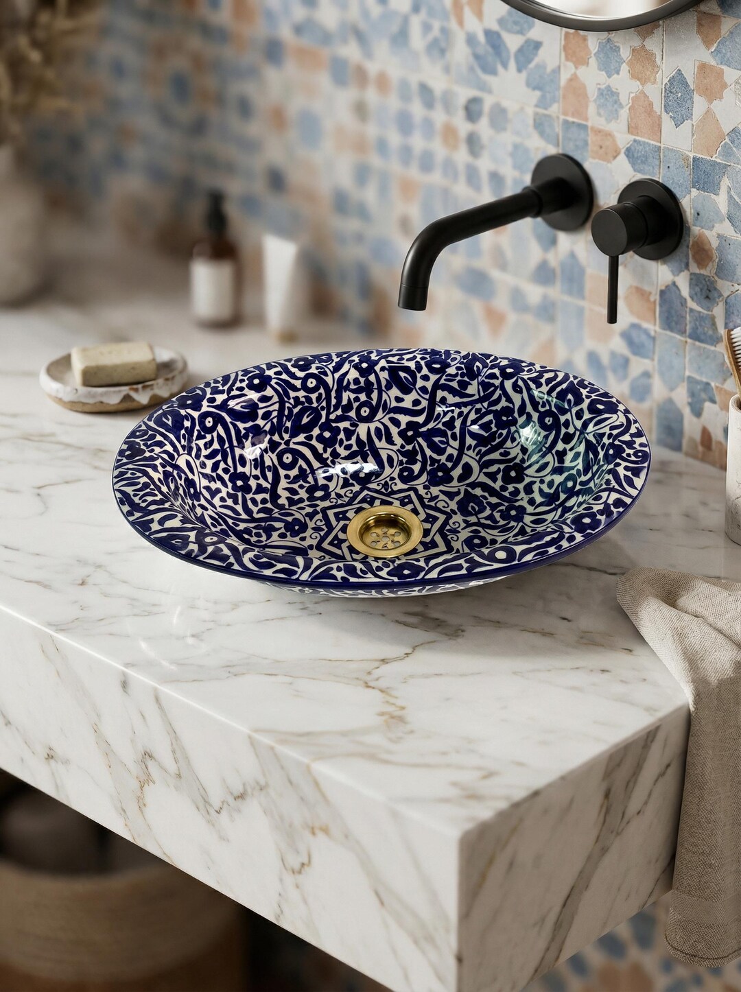 Handmade Moroccan Ceramic Sink – Blue & White Oval Basin - Vessel Sink ...