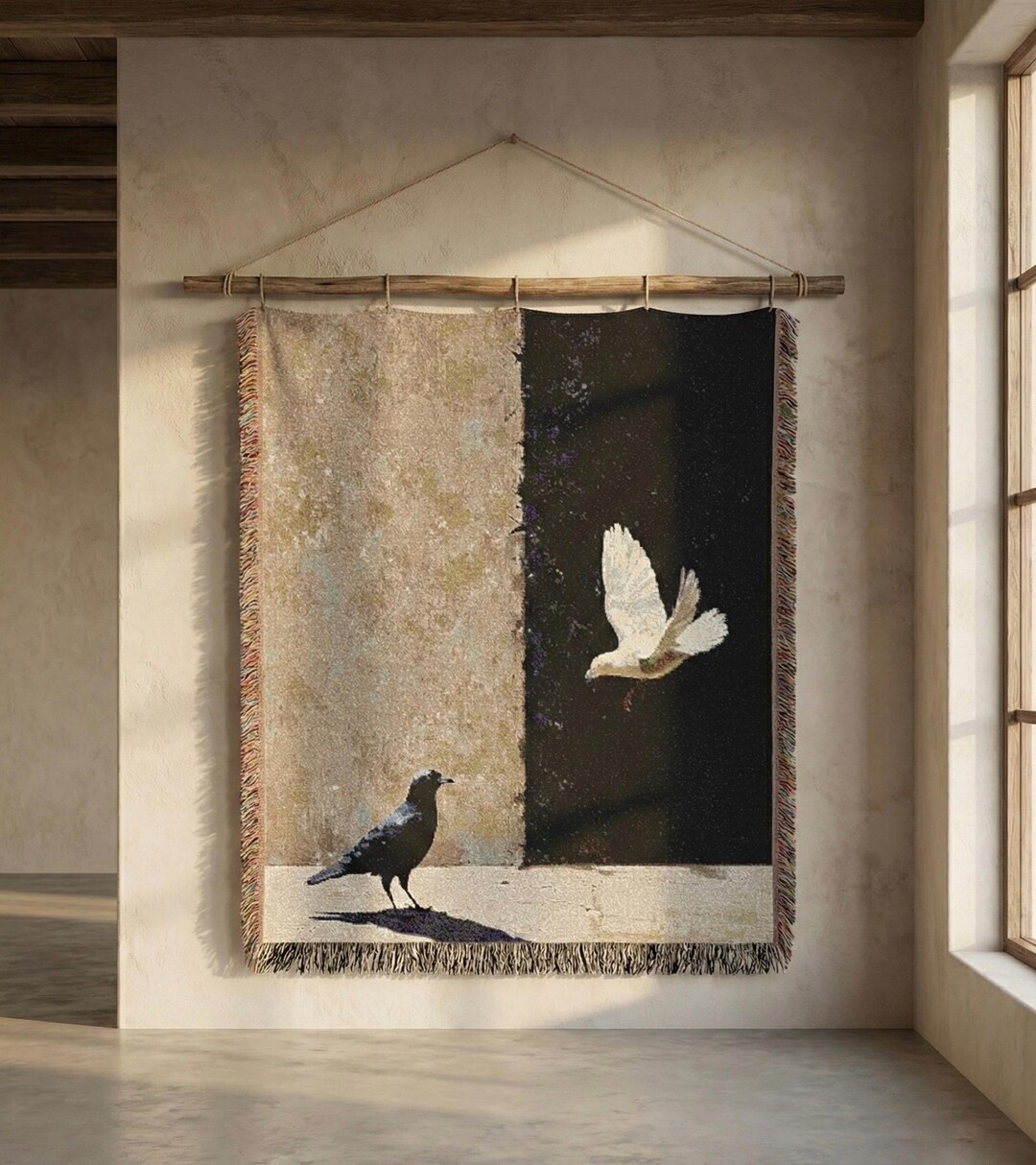 Gothic Crow and Dove Woven Blanket, Yin Yang Bird Tapestry, Dark ...