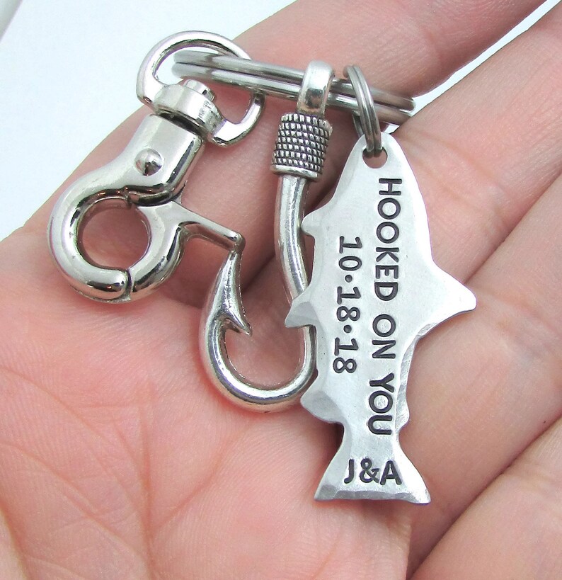 Personalized Hand Stamped Fish Keychain, Custom Fishing Hook Charm ...