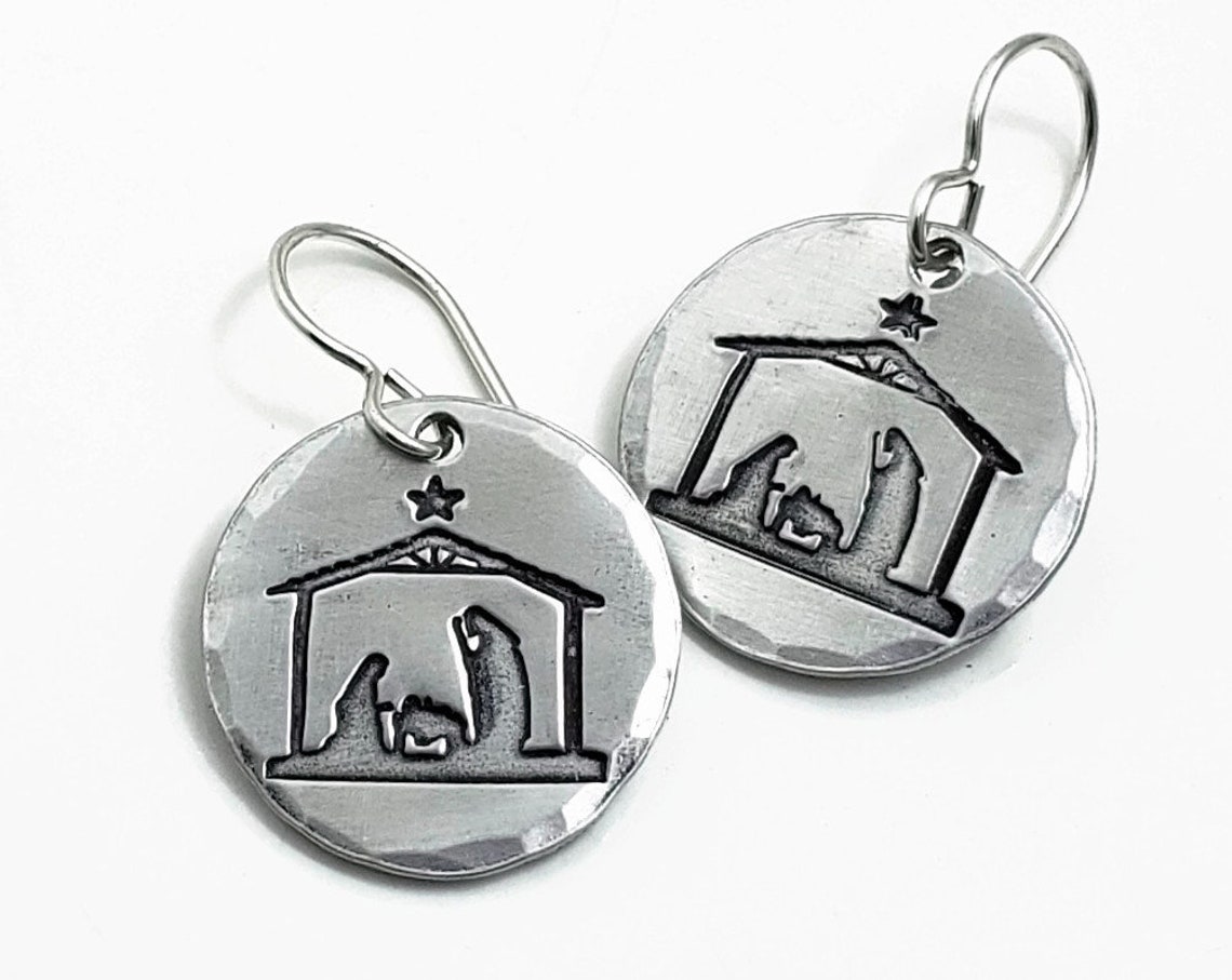 Nativity Earrings Hand Stamped Jewelry Sterling Silver & - Etsy