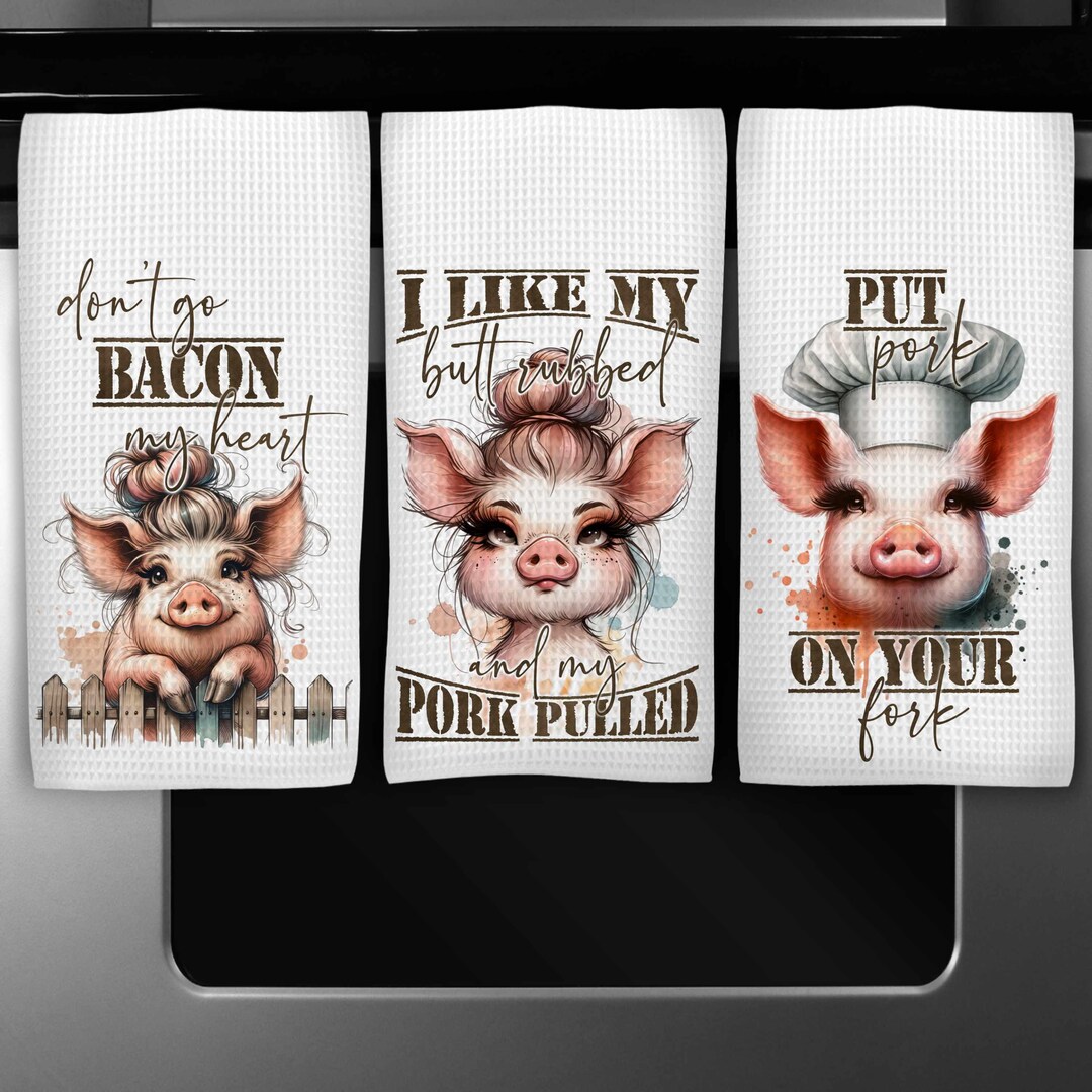 Funny Kitchen Towels, Custom Waffle Weave Towel With Pigs, Hostess Gift ...
