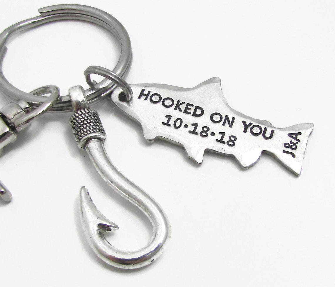 Personalized Hand Stamped Fish Keychain, Custom Fishing Hook Charm ...
