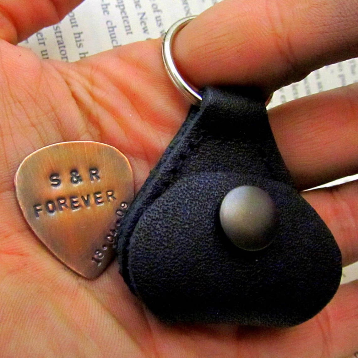 Custom Guitar Pick With Leather Keychain Holder Personalized - Etsy