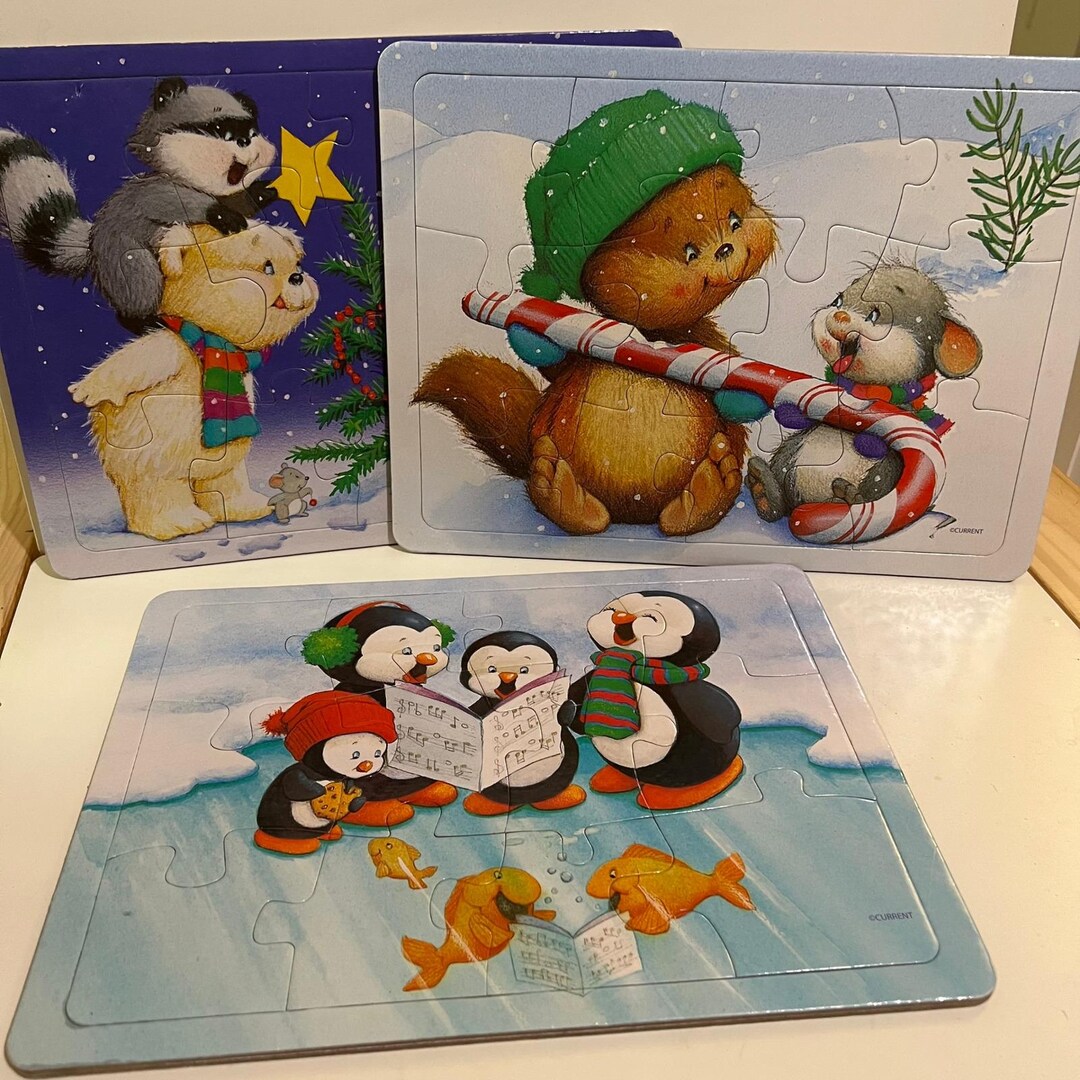 Vintage Current Brand Set 3 Christmas Jigsaw Puzzles 12 Piece Winter ...