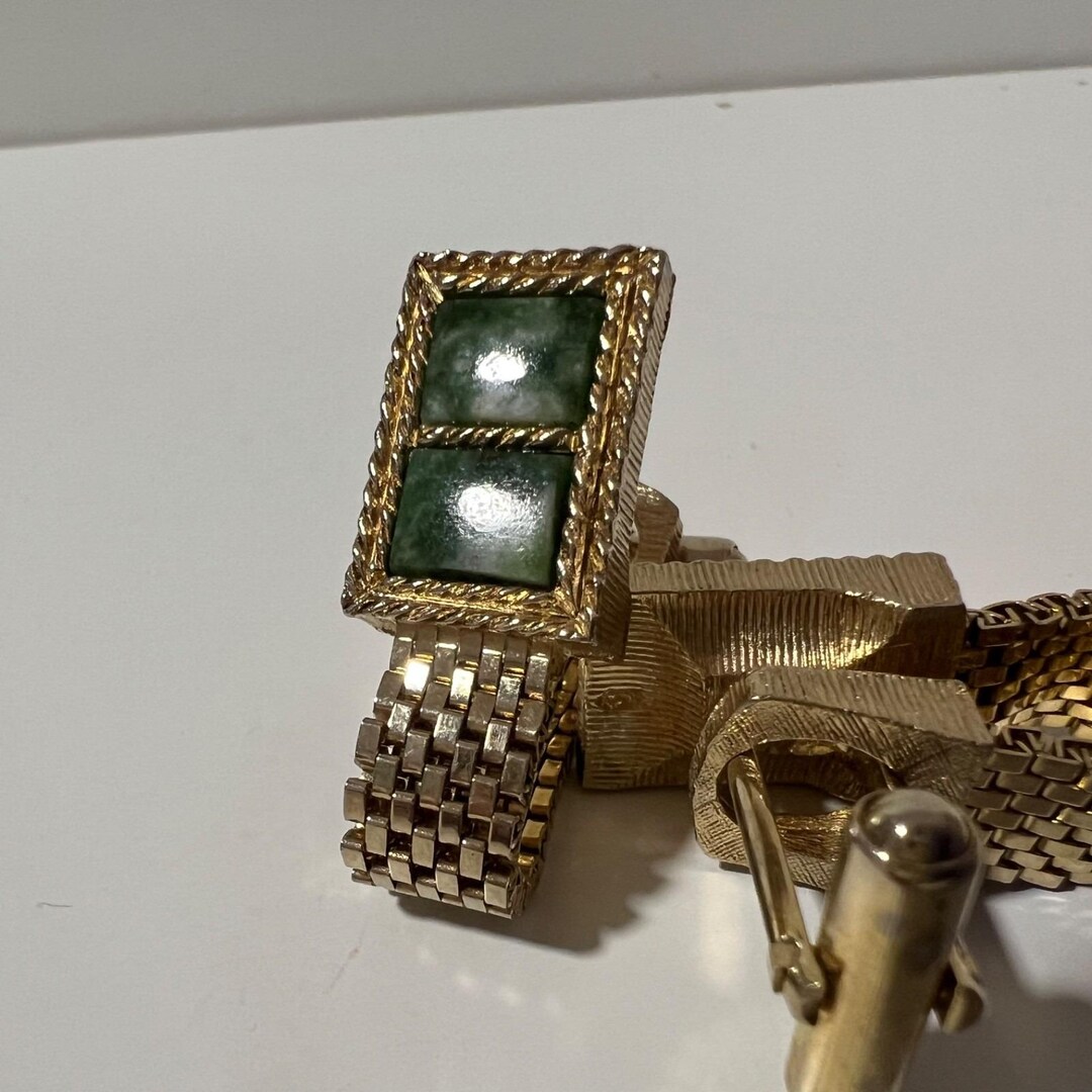 VTG Swank Gold Tone Cufflinks Pair of Green Rectangular Stones Mesh ...